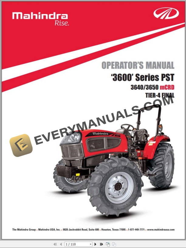 Mahindra Tractor 3600 Series PST 3640 3650 Operator Manual