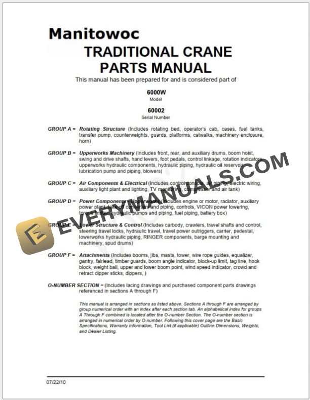 Manitowoc 6000W Crawler Parts Service Manual