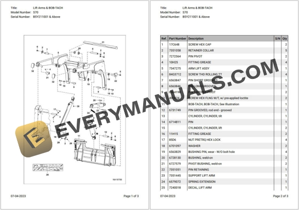 Bobcat S70 B5Y211001 & Above Parts Catalog
