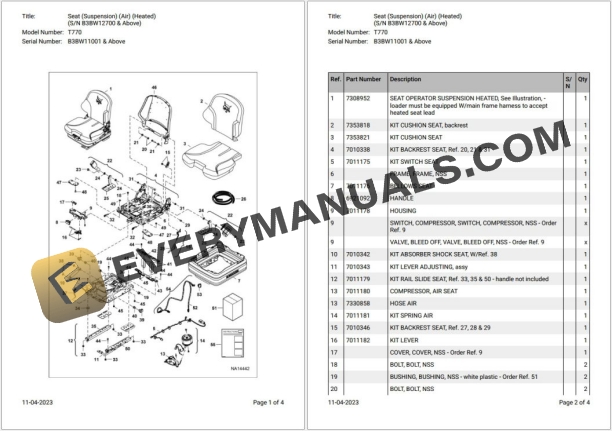 Bobcat T770 B3BW11001 & Above Parts Catalog