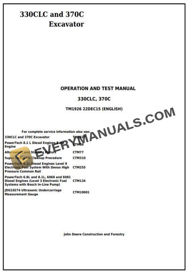 John Deere 330CLC 370C Excavator Operation Test Manual TM1926 PDF