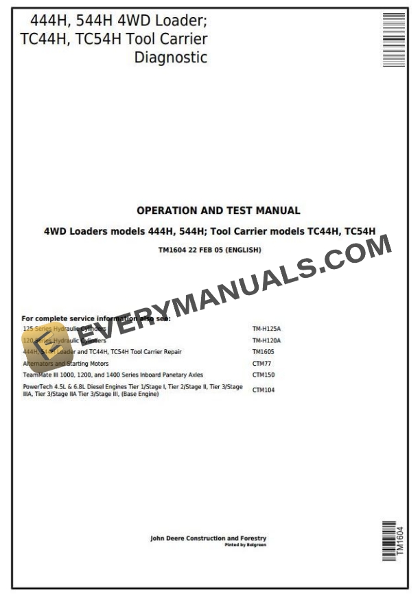 John Deere 444H 544H 4WD TC44H TC54H Loader Tool Carrier Diagnostic ...