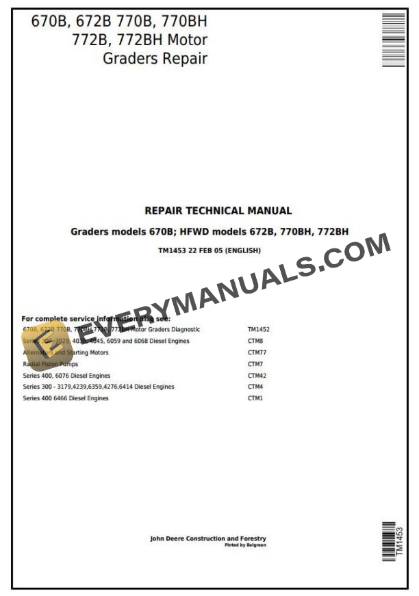 John Deere 670B 672B 770B 770BH 772B 772BH HFWD Motor Graders Repair ...