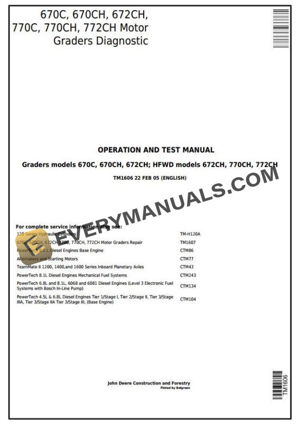 John Deere 670C 670CH 672CH 770C 770CH 772CH Motor Grader Diagnostic ...