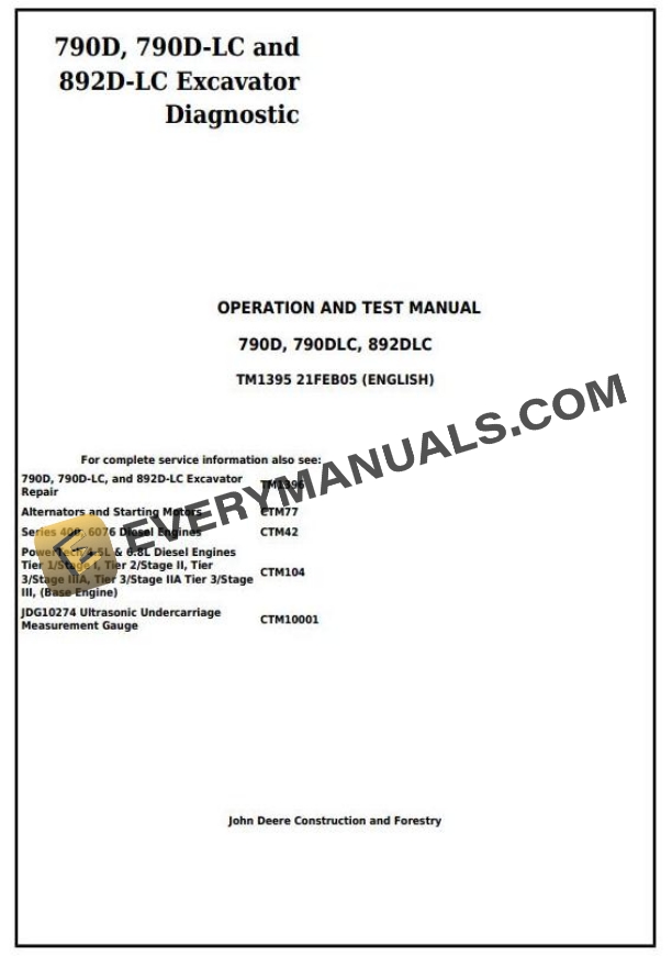 John Deere 790D 790DLC 892DLC Excavator Operation Test Manual TM1395