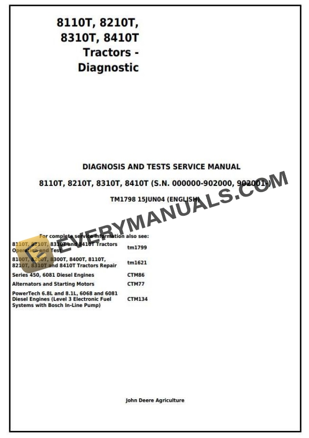 John Deere 8110T 8210T 8310T 8410T Tractor Diagnosis Test Service ...
