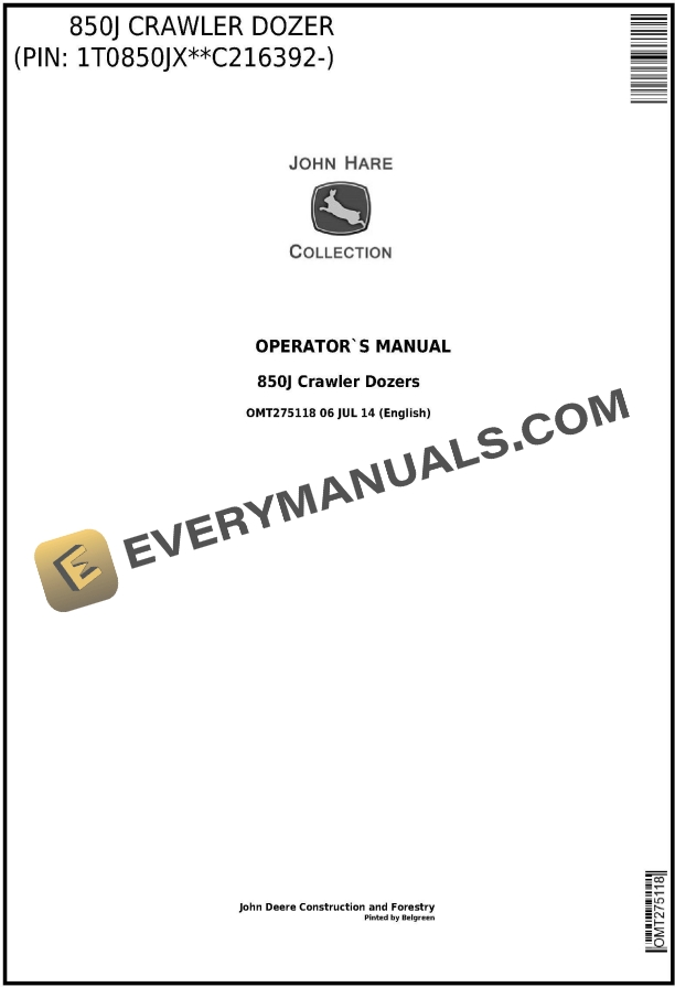 John Deere 850J Crawler Dozer Operator Manual OMT275118