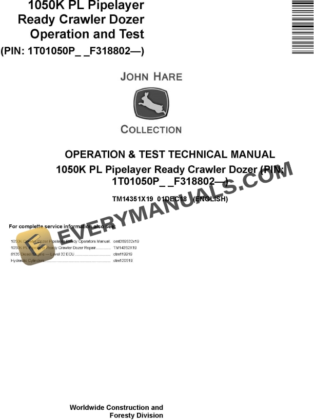 John Deere 1050K PL Pipelayer Ready Crawler Dozer Operation Test Manual ...