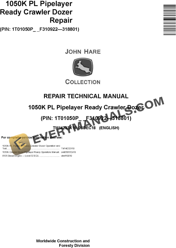 John Deere 1050K PL Pipelayer Ready Crawler Dozer Repair Technical ...
