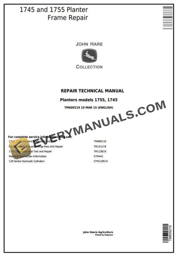 John Deere 1745 1755 Planter Frame Repair Technical Manual TM609219