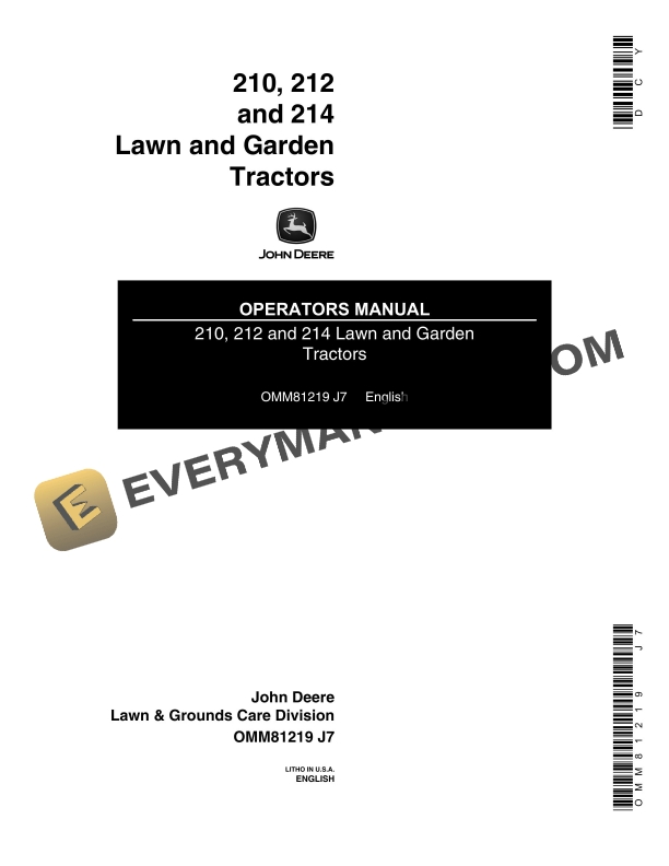 John Deere 210, 212 and 214 Tractor Operator Manual OMM81219