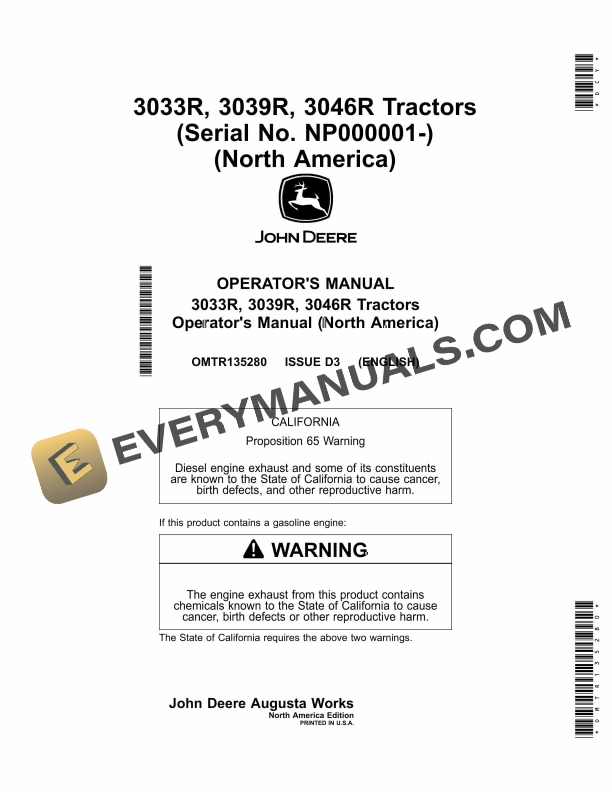 John Deere 3033r, 3039r, 3046r Tractors Operator Manuals OMTR135280