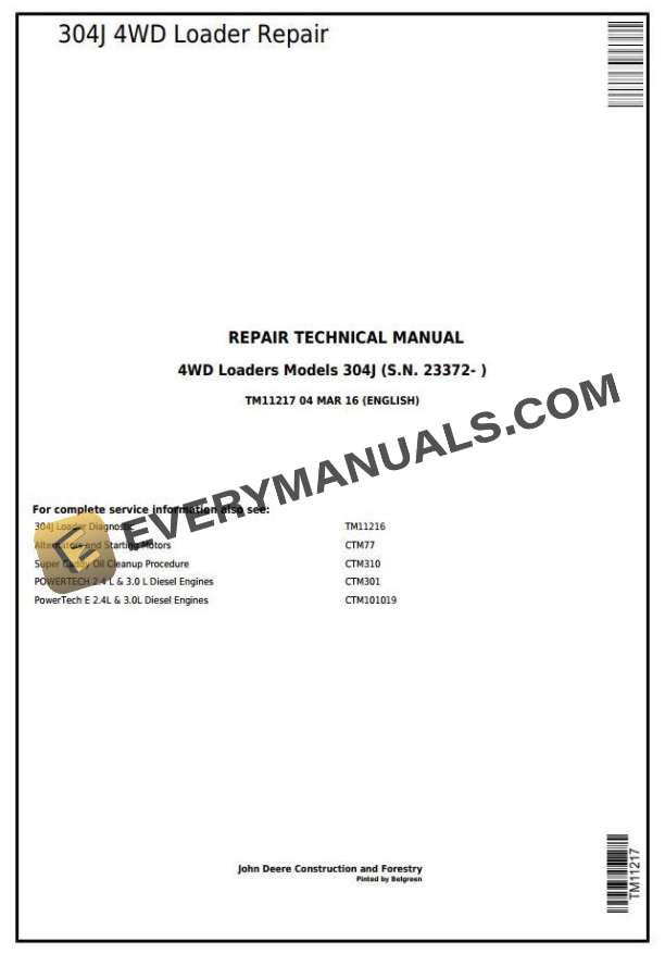 John Deere 304J 4WD Loader Repair Technical Manual TM11217