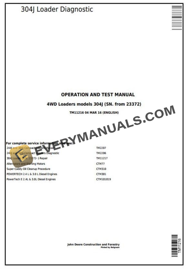 John Deere 304J Loader Diagnostic Operation Test Manual TM11216
