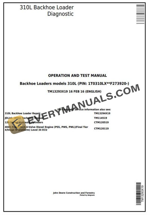 John Deere 310L Backhoe Loader Diagnostic Operation Test Manual TM13293X19