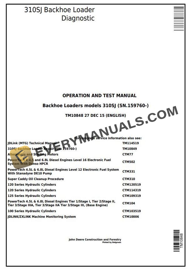 John Deere 310SJ Backhoe Loader Diagnostic Operation Test Manual TM10848