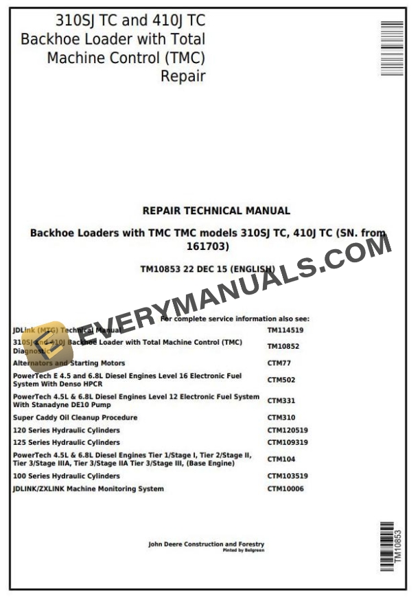 John Deere 310SJ TC 410J TC Backhoe Loader Repair Technical Manual TM10853