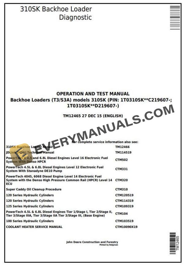 John Deere 310SK Backhoe Loader Diagnostic Operaton Test Manual TM12465
