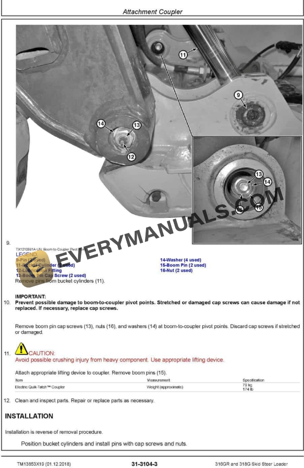John Deere 316GR 318G Skid Steer Loader Repair Manual TM13853X19