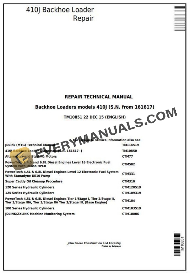 John Deere 410J Backhoe Loader Repair Technical Manual TM10851