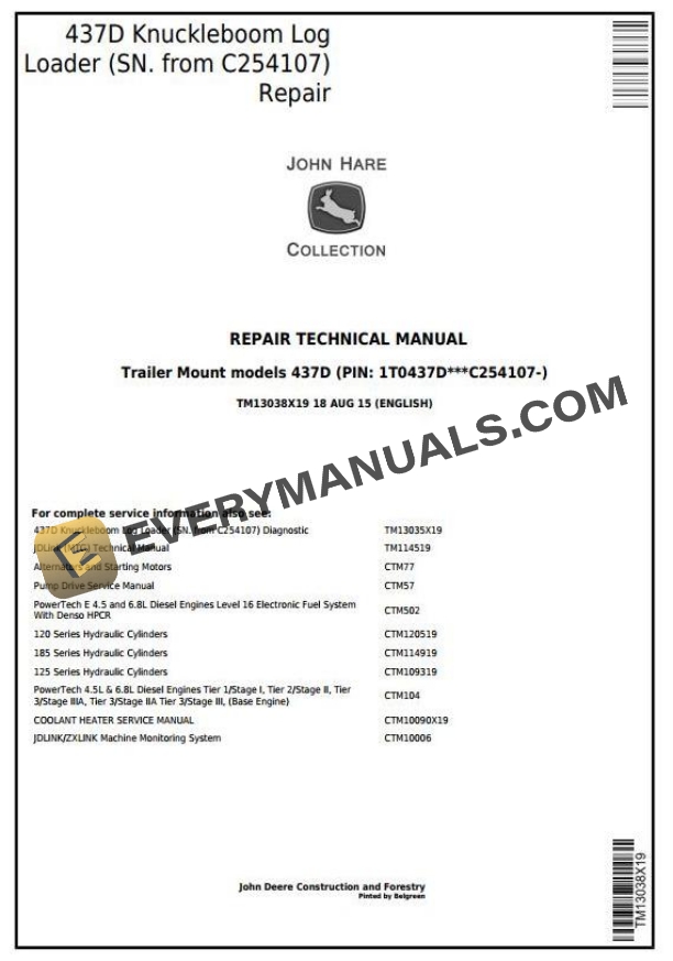 John Deere 437D Knuckleboom Trailer Mount Log Loader Repair Technical ...