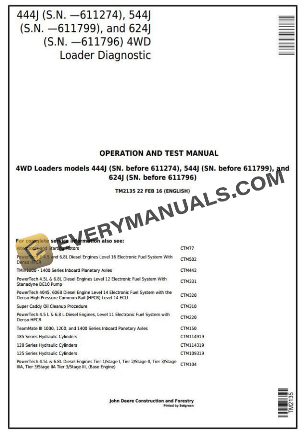 John Deere 444J 544J 624J Loader Diagnostic Operation Test Manual TM2135