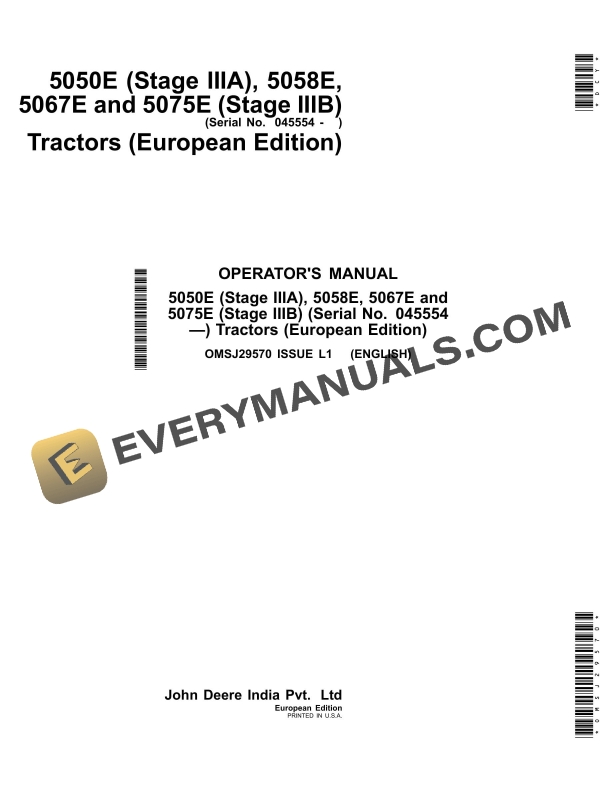 John Deere 5050e (stage Iiia), 5058e, 5067e And 5075e (stage Iiib ...