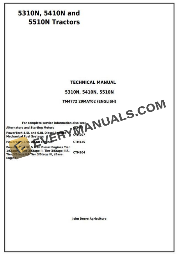 John Deere 5310N 5410N 5510N Europe Tractor Technical Manual TM4772