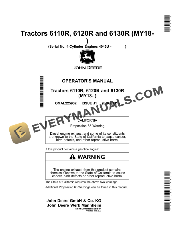 John Deere 6110R, 6120R and 6130R Tractor Operator Manual OMAL225932