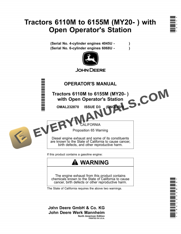 John Deere 6110M to 6155M (MY20- ) with Open Tractors Operator Manual ...