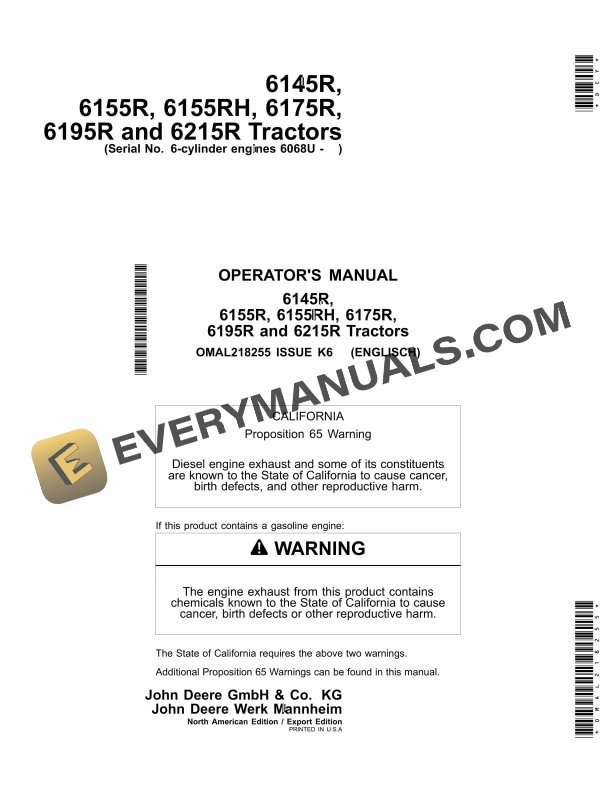 John Deere 6145r 6155r, 6155rh, 6175r 6195r And 6215r Tractors Operator ...