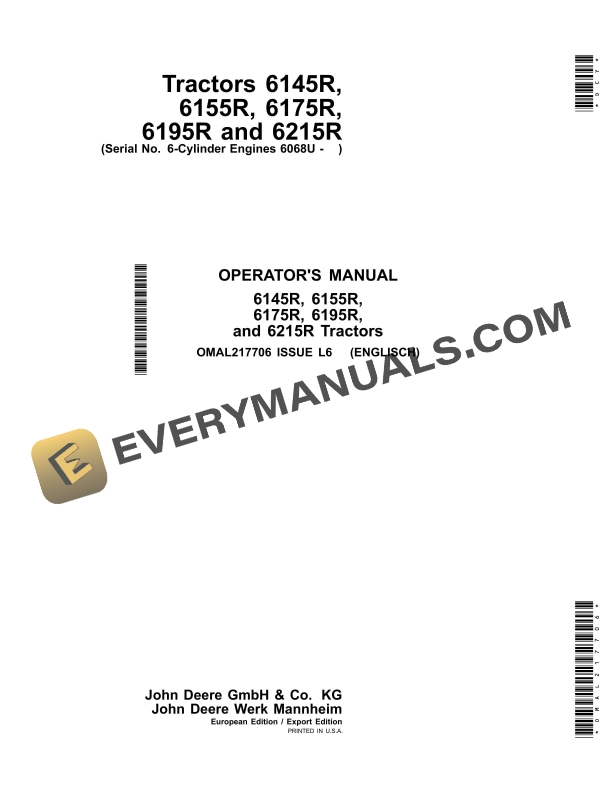 John Deere 6145R, 6155R, 6175R, 6195R, 6215R Tractors Operator Manual ...