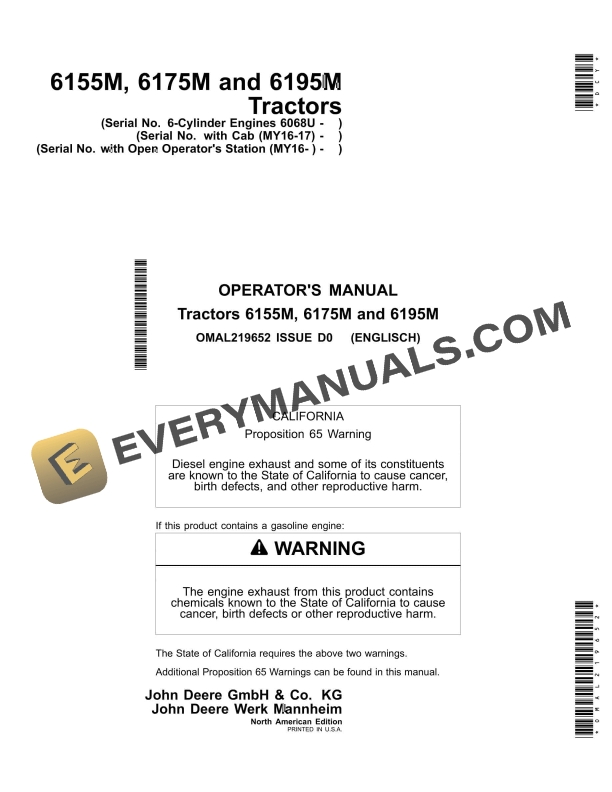 John Deere 6155M, 6175M and 6195M Tractor Operator Manual OMAL219652