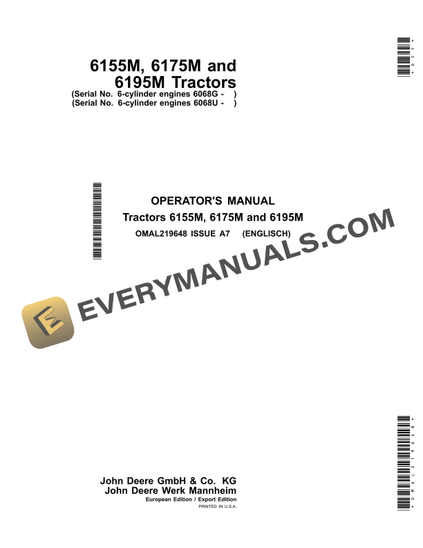 John Deere 6155m, 6175m And 6195m Tractors Operator Manuals OMAL219648