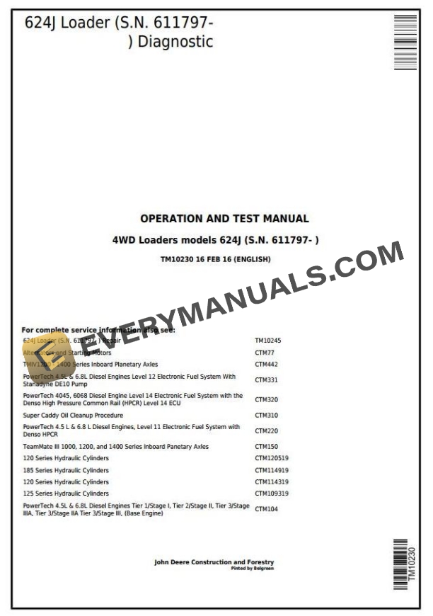 John Deere 624J 4WD Loader Diagnostic Operation Test Manual TM10230