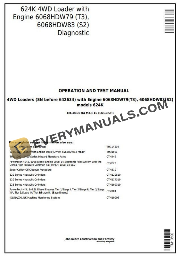 John Deere 624K 4WD Loader Diagnostic Operation Test Manual TM10690 PDF