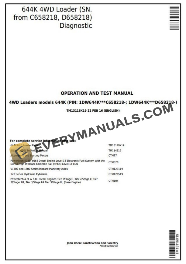 John Deere 644K 4WD Loader Diagnostic Operation Test Manual TM13116X19