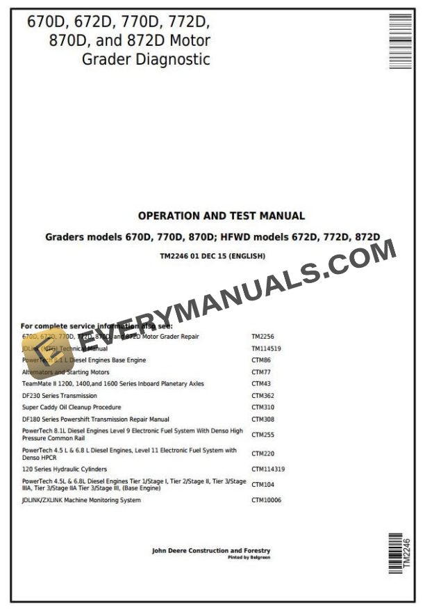 John Deere 670D 672D 770D 772D 870D 872D Motor Grader Diagnostic ...