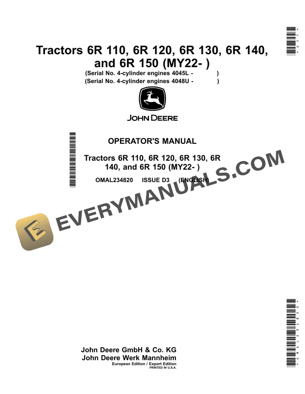 John Deere 6r 110, 6r 120, 6r 130, 6r 140, And 6r 150 (my22 Operator Manuals OMAL234820