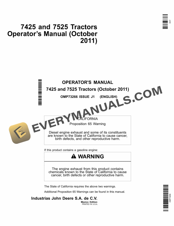 John Deere 7425 and 7525 Tractors Operator Manual OMP73266