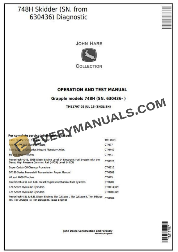 John Deere 748H Grapple Skidder Diagnostic Operation Test Manual TM11797