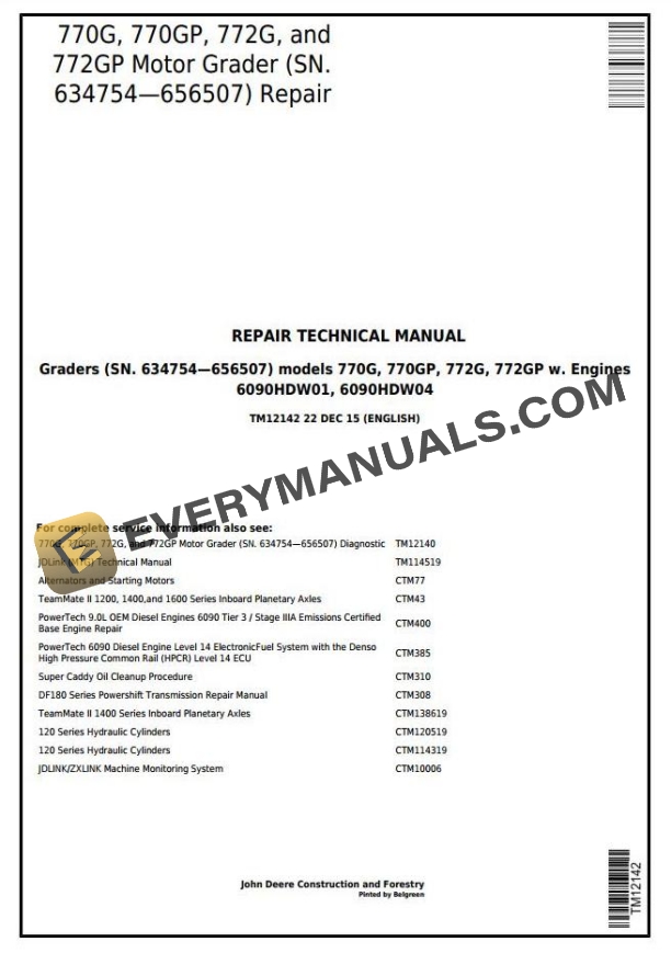 John Deere 770G 770GP 772G 772GP Motor Grader Repair Technical Manual ...