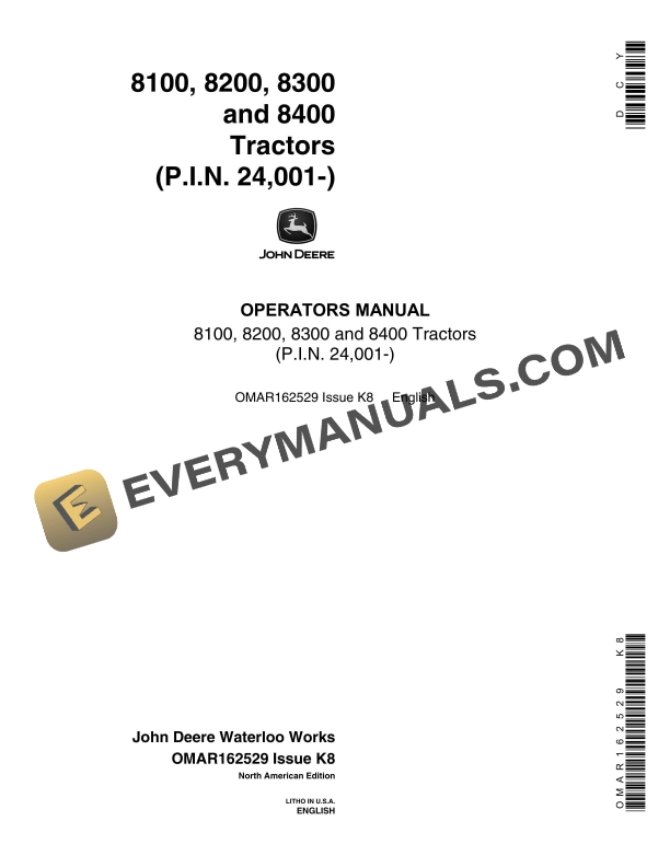 John Deere 8100, 8200, 8300 and 8400 Tractor Operator Manual OMAR162529