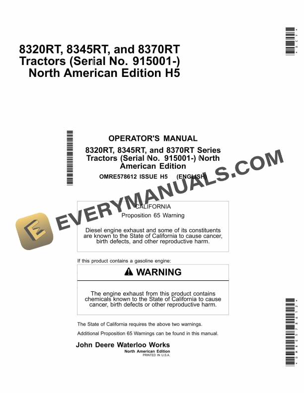 John Deere 8320RT, 8345RT, and 8370RT Tractor Operator Manual OMRE578612