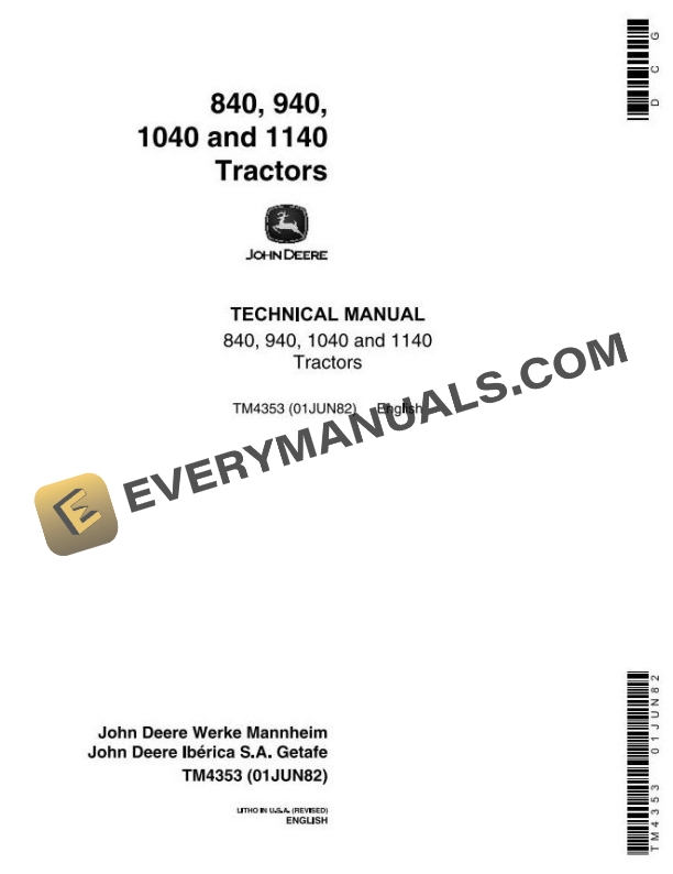 John Deere 840 940 1040 1140 Tractor Technical Manual TM4353