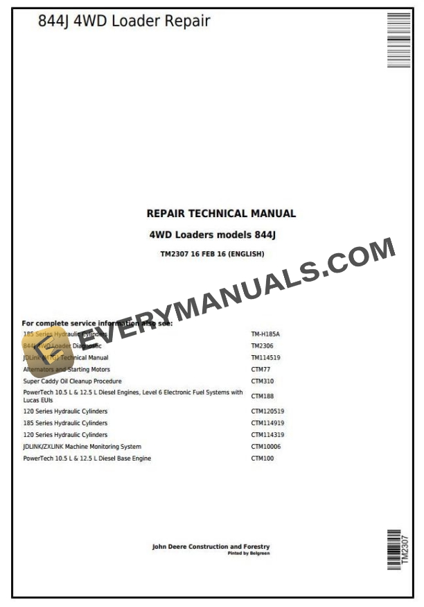 John Deere 844J 4WD Loader Repair Technical Manual TM2307