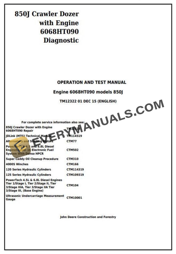John Deere 850J Crawler Dozer Diagnostic Operation Test Manual TM12322