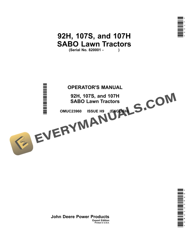 John Deere 92h, 107s, And 107h Sabo Lawn Tractors Operator Manuals ...