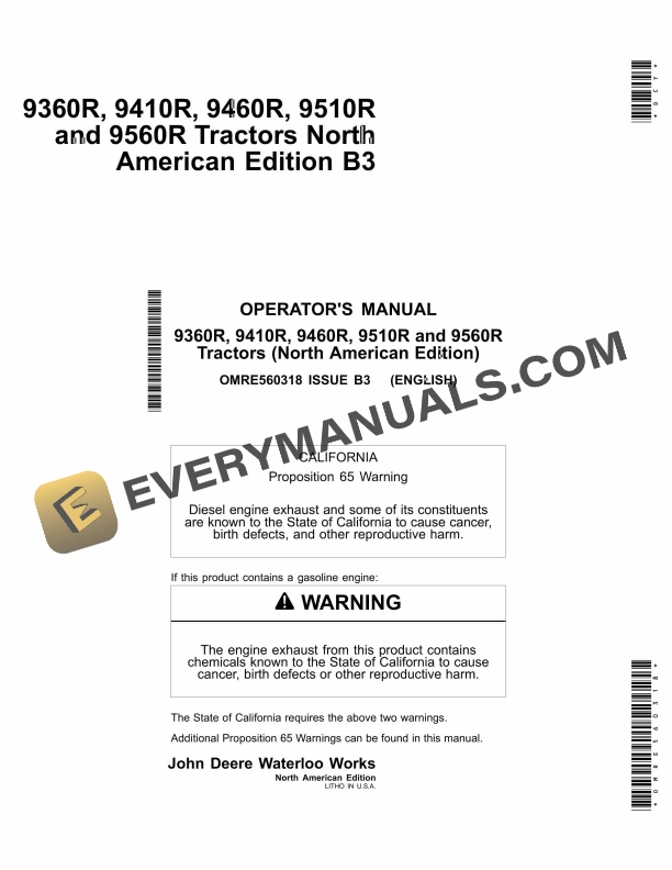 John Deere 9360R, 9410R, 9460R, 9510R and 9560R Tractor Operator Manual ...