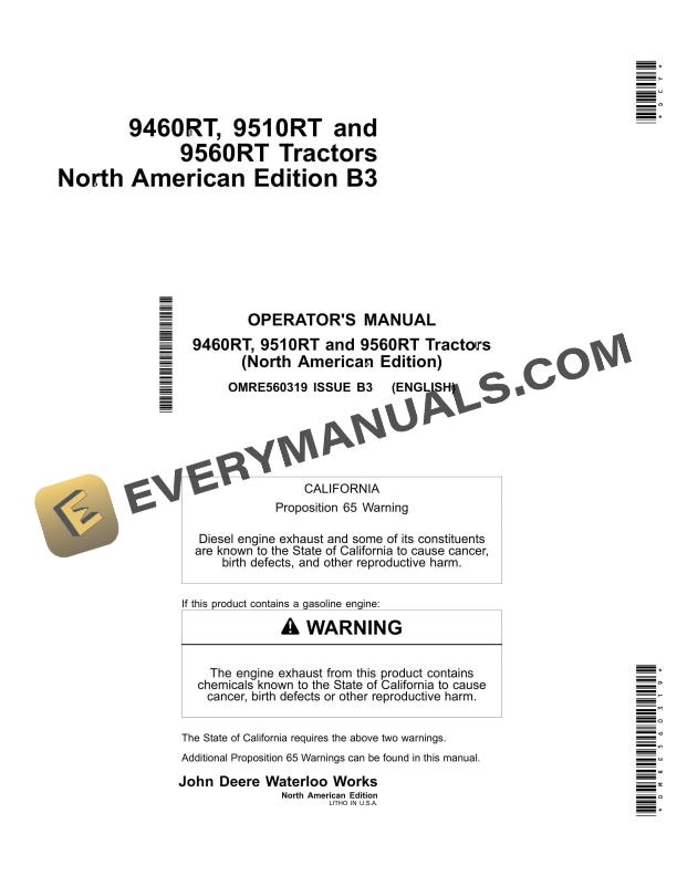 John Deere 9460RT, 9510RT and 9560RT Tractor Operator Manual OMRE560319